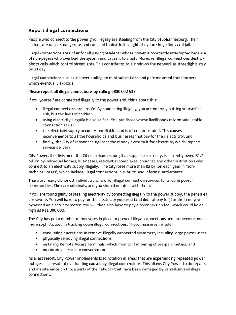 Reporting Illegal Electricity Connections | PDF | Power (Physics ...