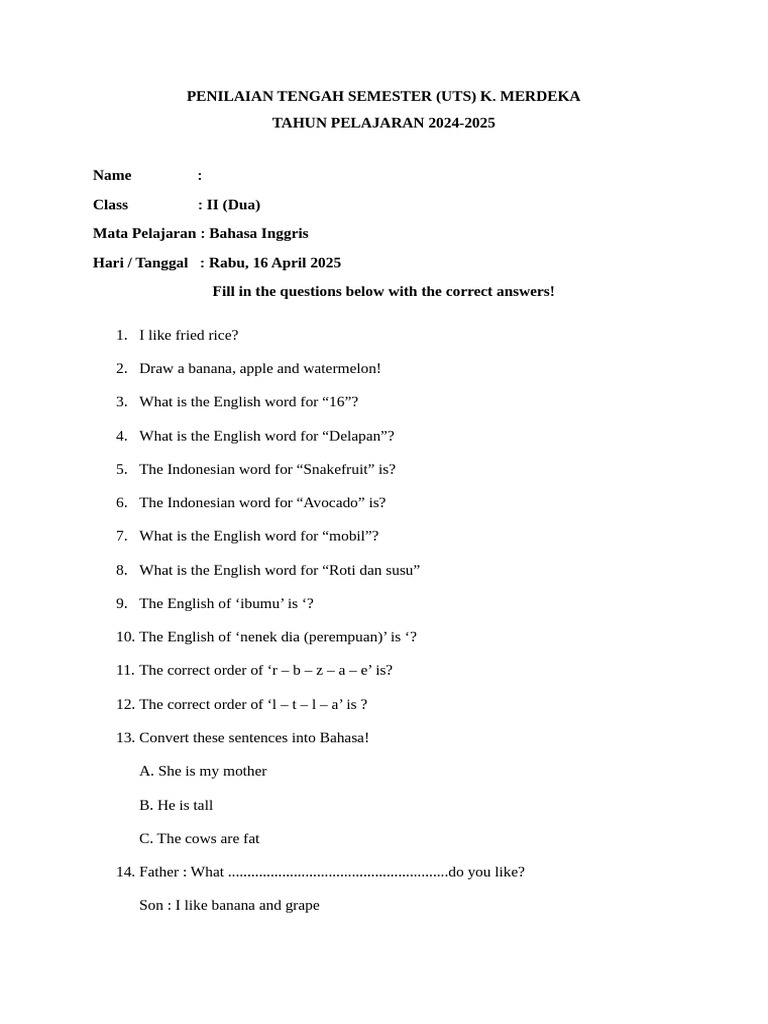 SOAL INGGRIS KLS 2 Pts Kurmer | PDF