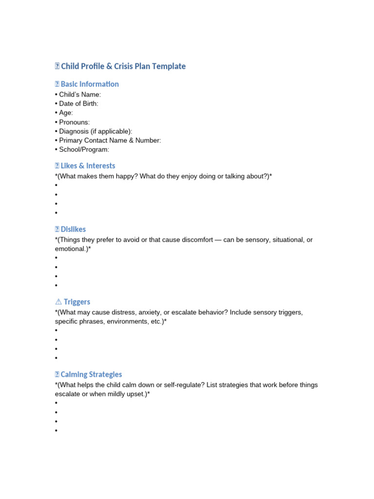 Child Profile and Crisis Plan Template | PDF