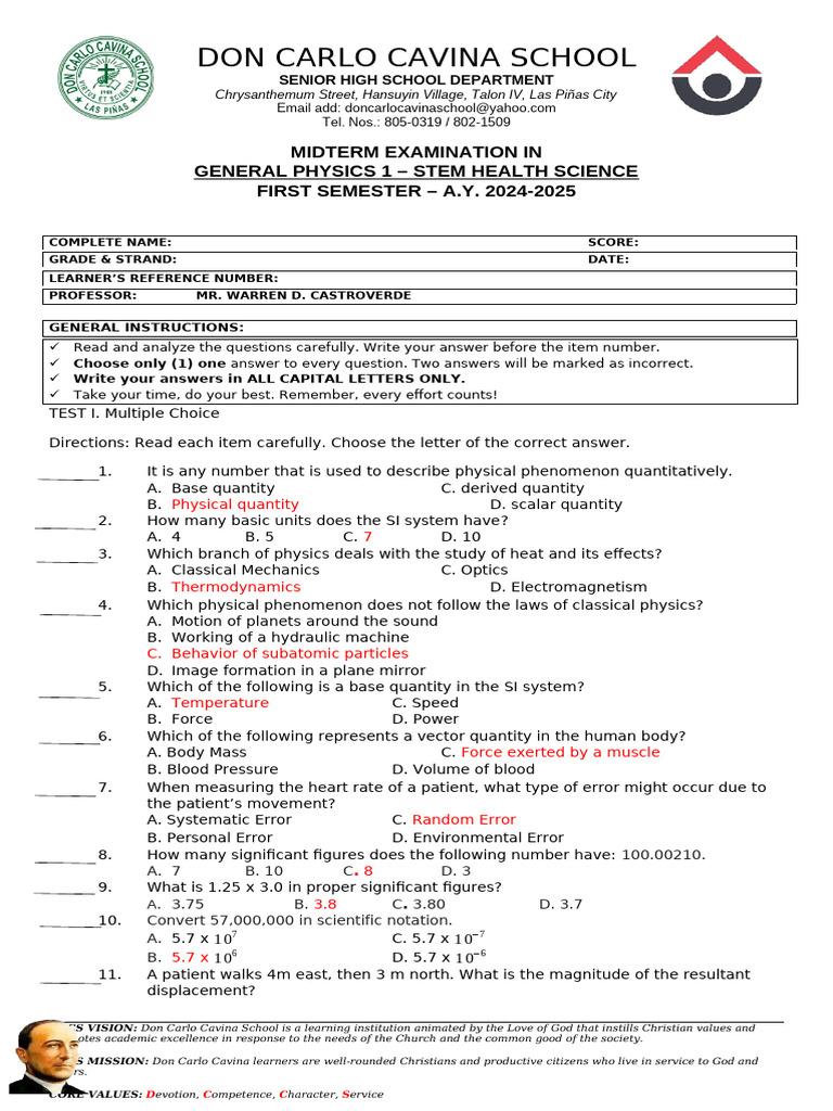 Midterm Exam GP1 Healthsci | PDF | Acceleration | Physics