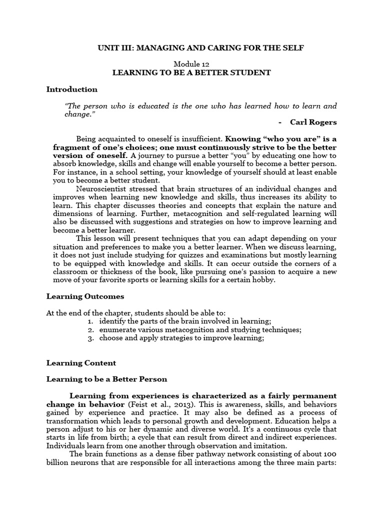 Chapter 12. Learning to be a Better Students.docx | PDF | Neuron | Metacognition