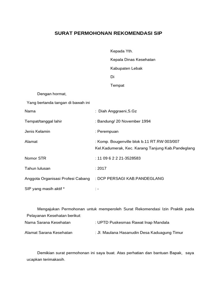 SURAT PERMOHONAN REKOM SIP | PDF