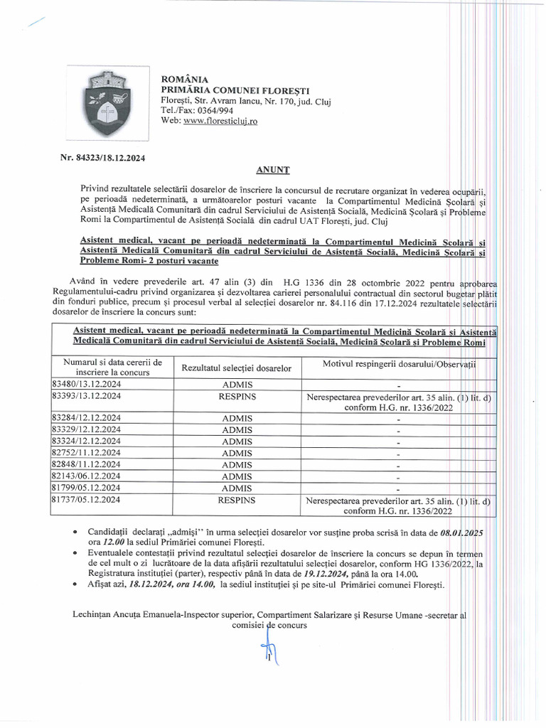 Anunt Privind Selectia Dosarelor Privind Organizarea Unui Concurs de Recrutare Pentru Ocuparea ...