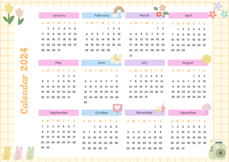 Yellow Cute Illustrative Playful Calendar 2024 | PDF