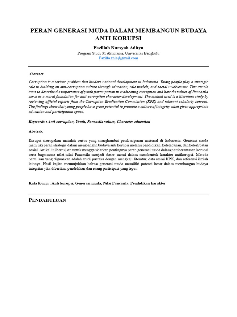 Peran Generasi Muda Dalam Membangun Budaya Anti Korupsi Di Indonesia - Artikel Pancasila | PDF