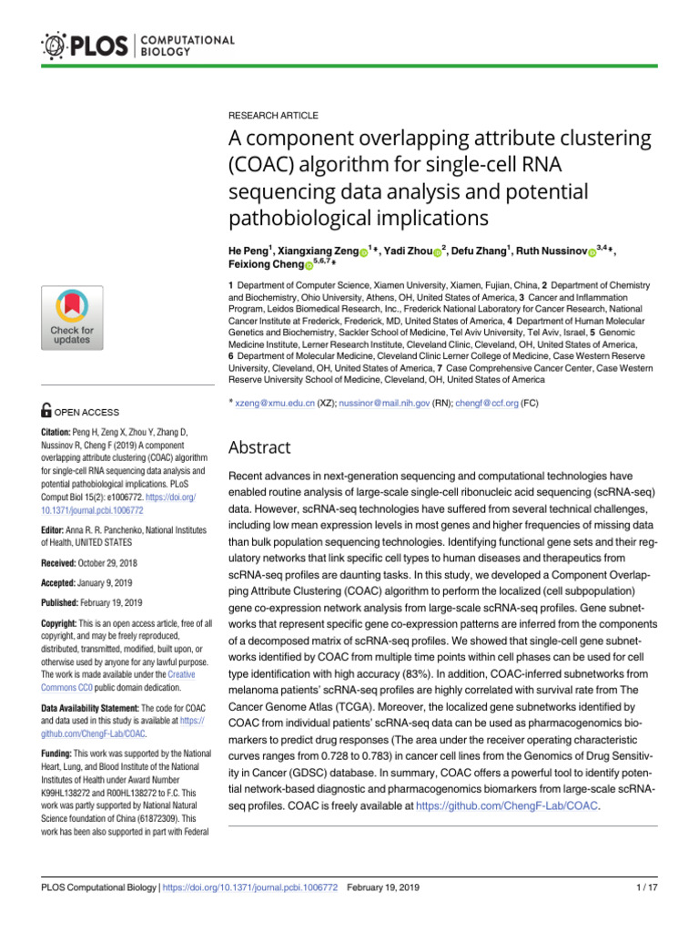 A Component Overlapping Attribute Clustering (COAC) Algorithm For Single-Cell RNA Sequencing ...
