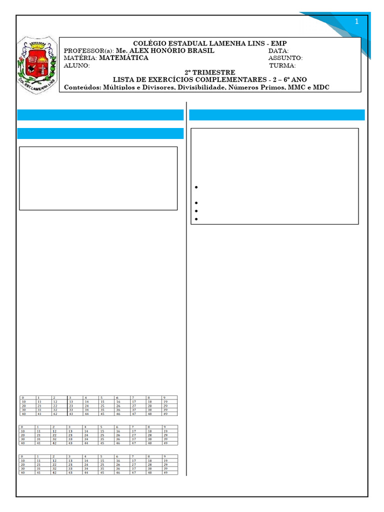 6º ANOS - MAT - List 2 de Exerc. - 2º Trim | PDF | Número primo | Número inteiro