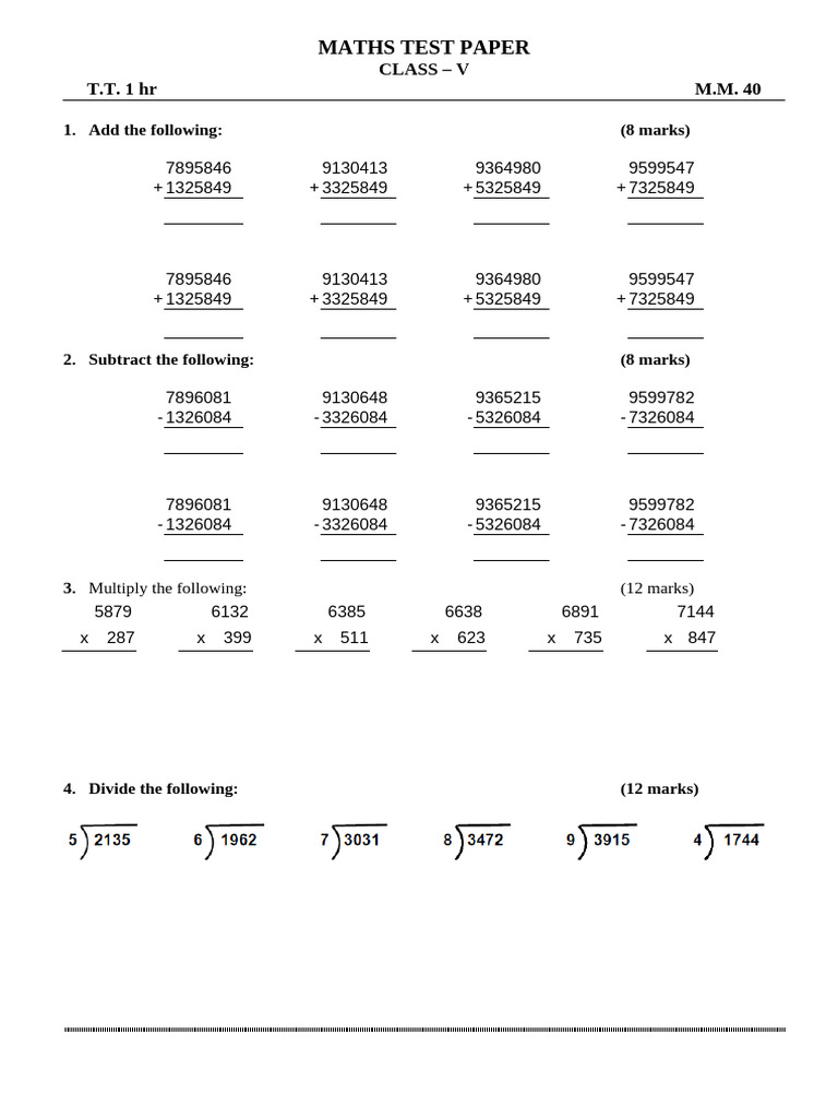 Maths Test Paper Class V | PDF