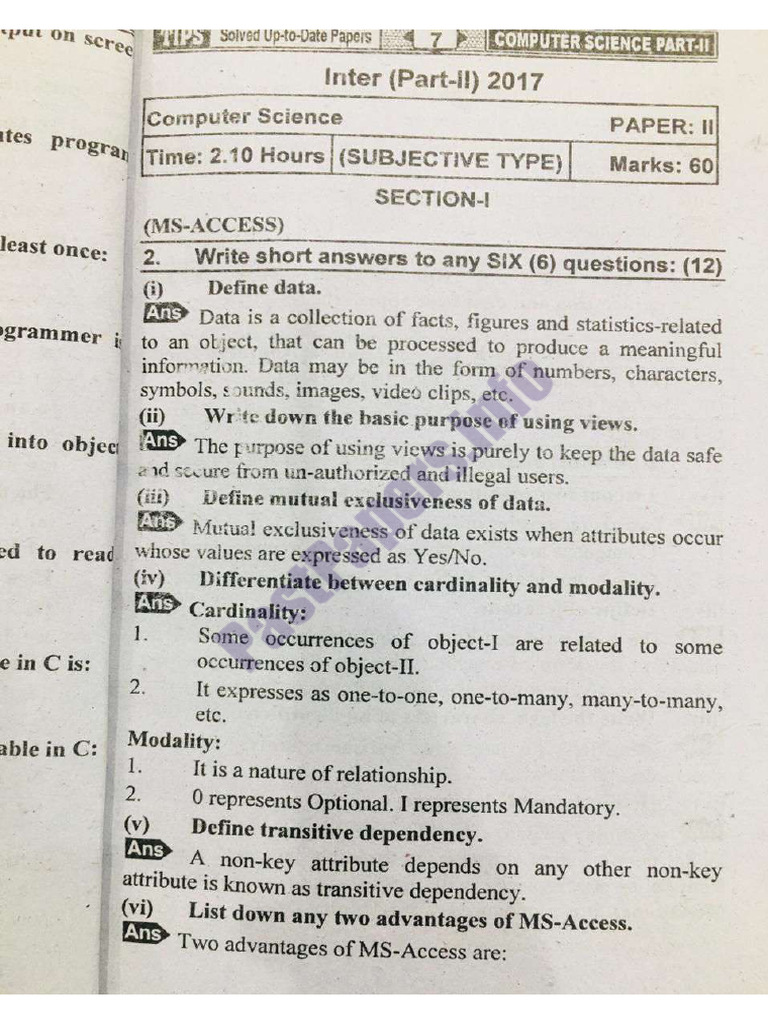 2nd Year Computer Past Paper 2017 Subjective | PDF