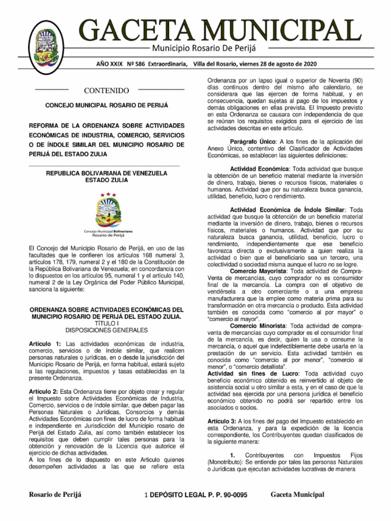 ORDENANZA DE ACTIVIDADES ECONOMICAS 2020 - GM 586 Ext (28-08-2020 ...