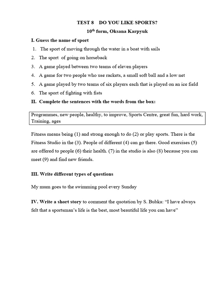 Test 8 Do You Like Sports | PDF