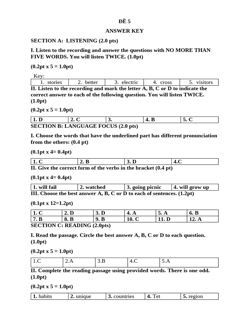 ANSWER KEY HKI. 8 DỀ 5 | PDF | Linguistic Morphology | Syntax