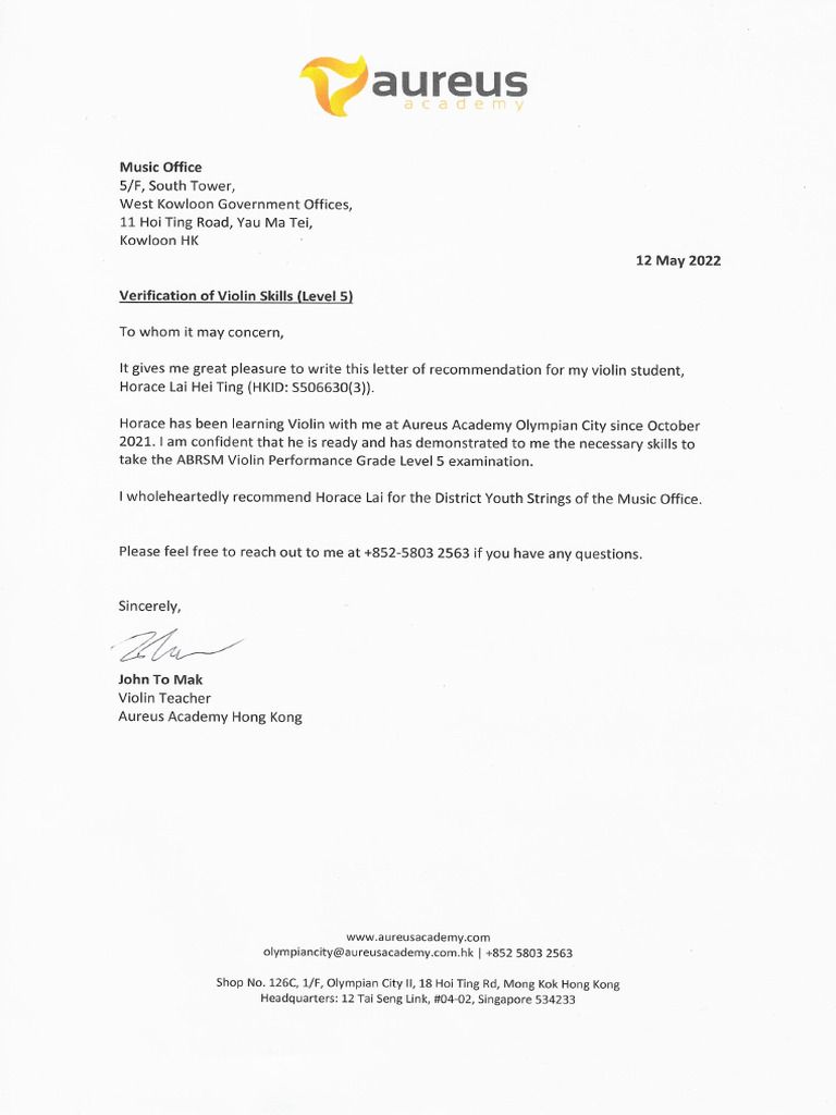 Aureus - Horace Lai - To Mak - Recommendation Letter | PDF