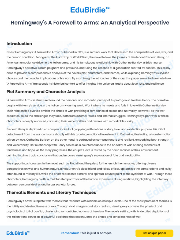 Hemingways A Farewell To Arms An Analytical Perspective | PDF | Love ...