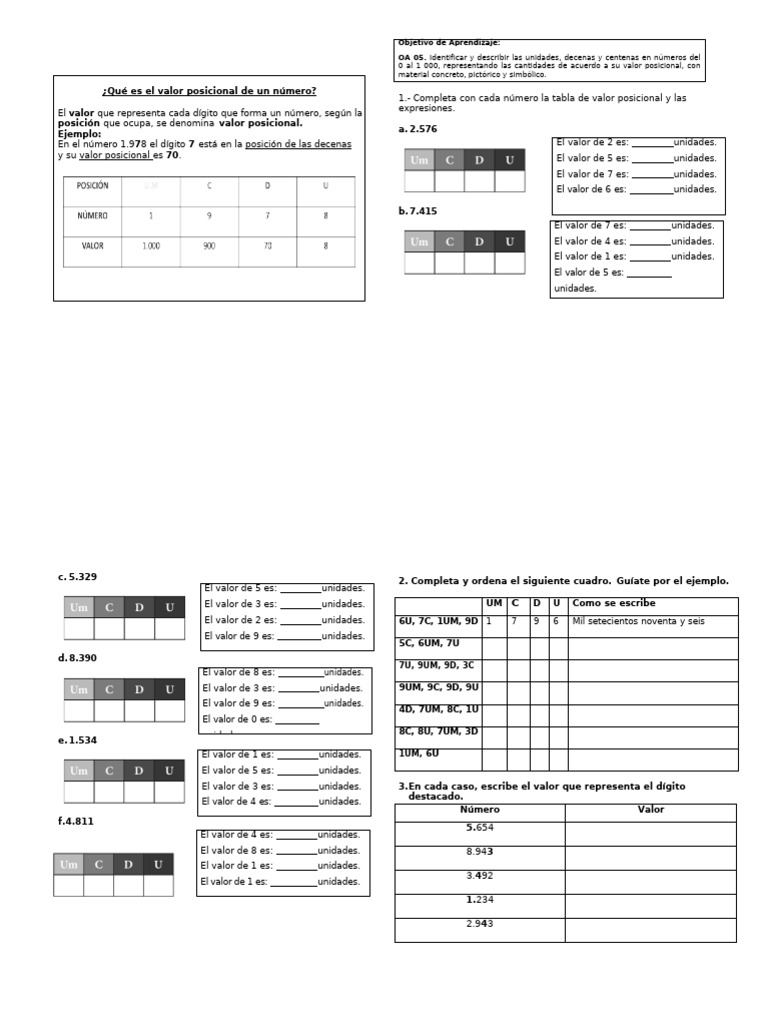 Valor Posicional en Números: Ejercicios y Definiciones | PDF ...