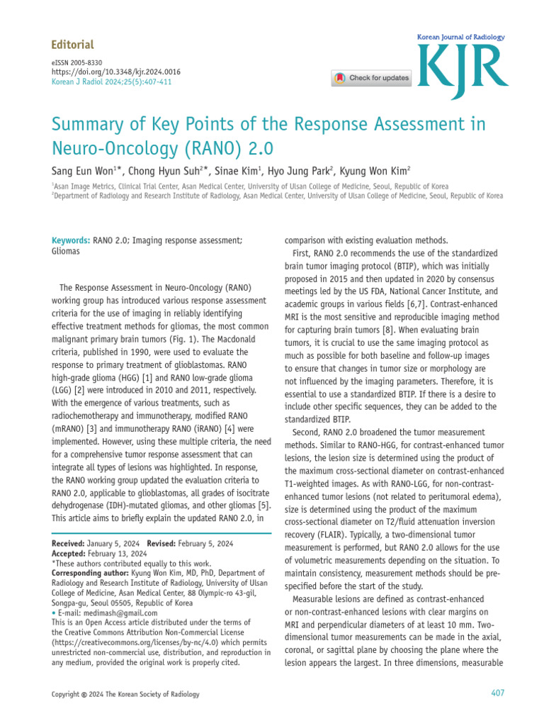 RANO 2.0 Criteria KJR 2024 | PDF | Glioma | Radiation Therapy