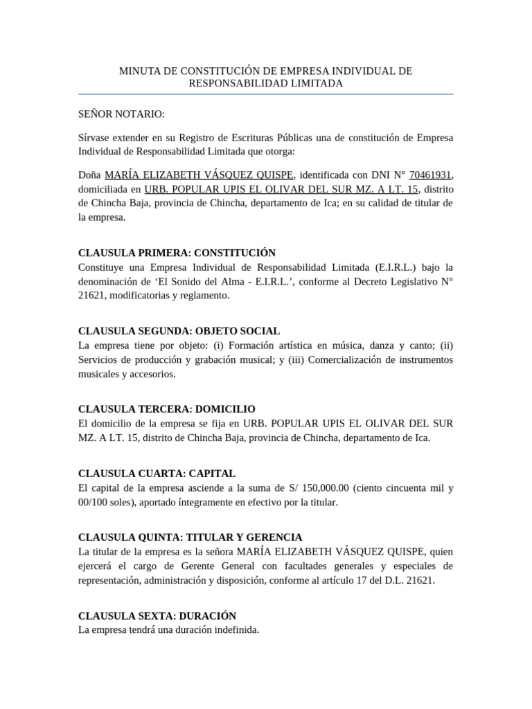 Minuta Constitucion EIRL ElSonidoDelAlma | PDF