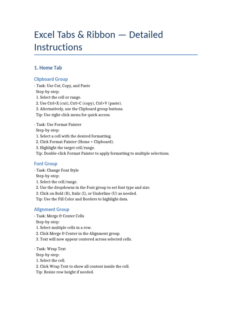 Excel Tabs Ribbon Complete Detailed Instructions | PDF | Page Layout ...