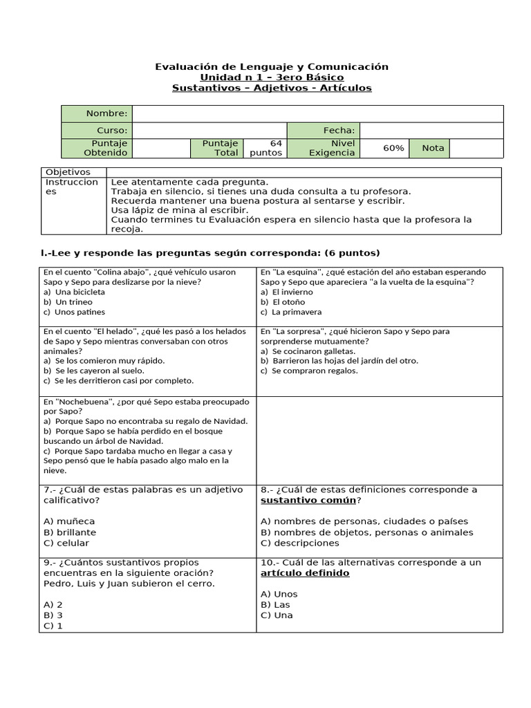 Evaluación Lenguaje Plan Lector Sapo y Sepo, Un Año Entero. | PDF