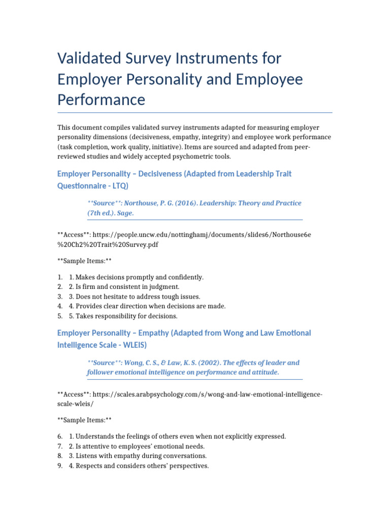 Validated Survey Instruments Employer Employee | PDF | Empathy | Leadership