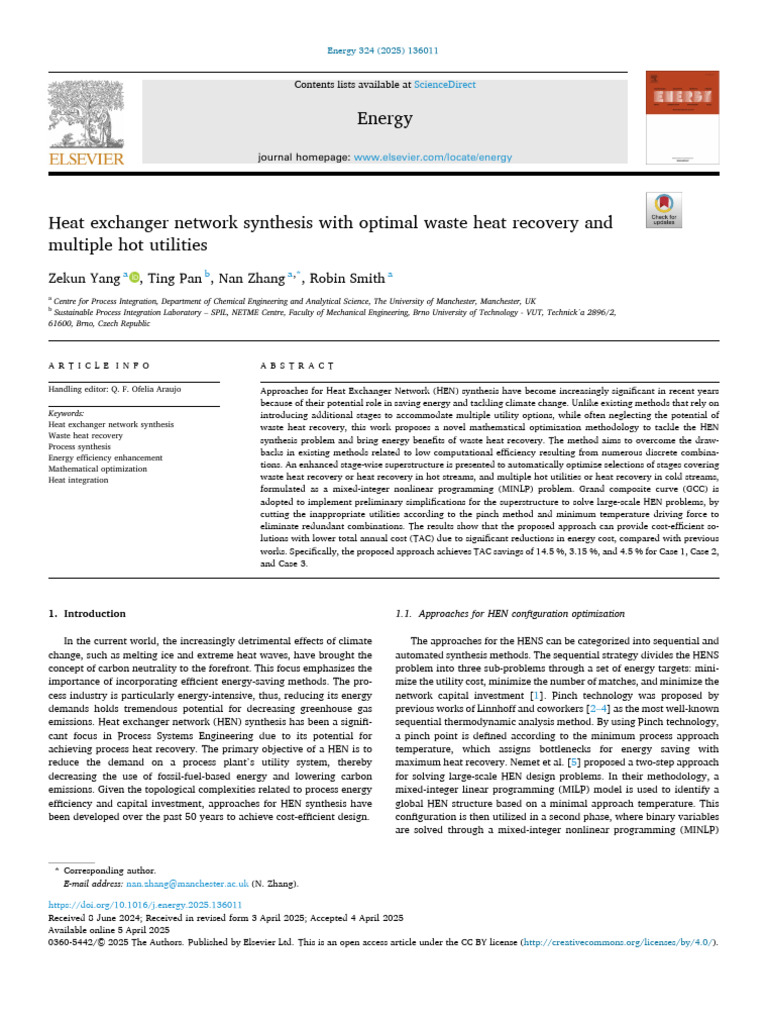 Heat Exchanger Network Synthesis With Optimal Waste Heat Recovery and Multiple Hot Utilities ...