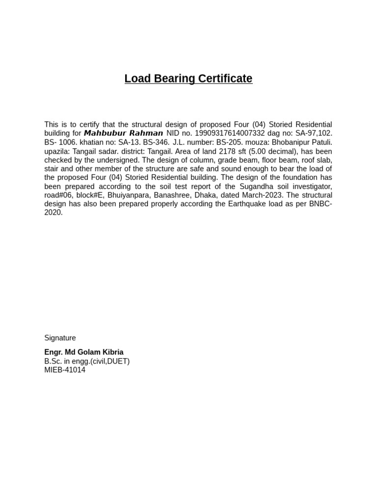 Load Bearing & Valuation Certificate | PDF