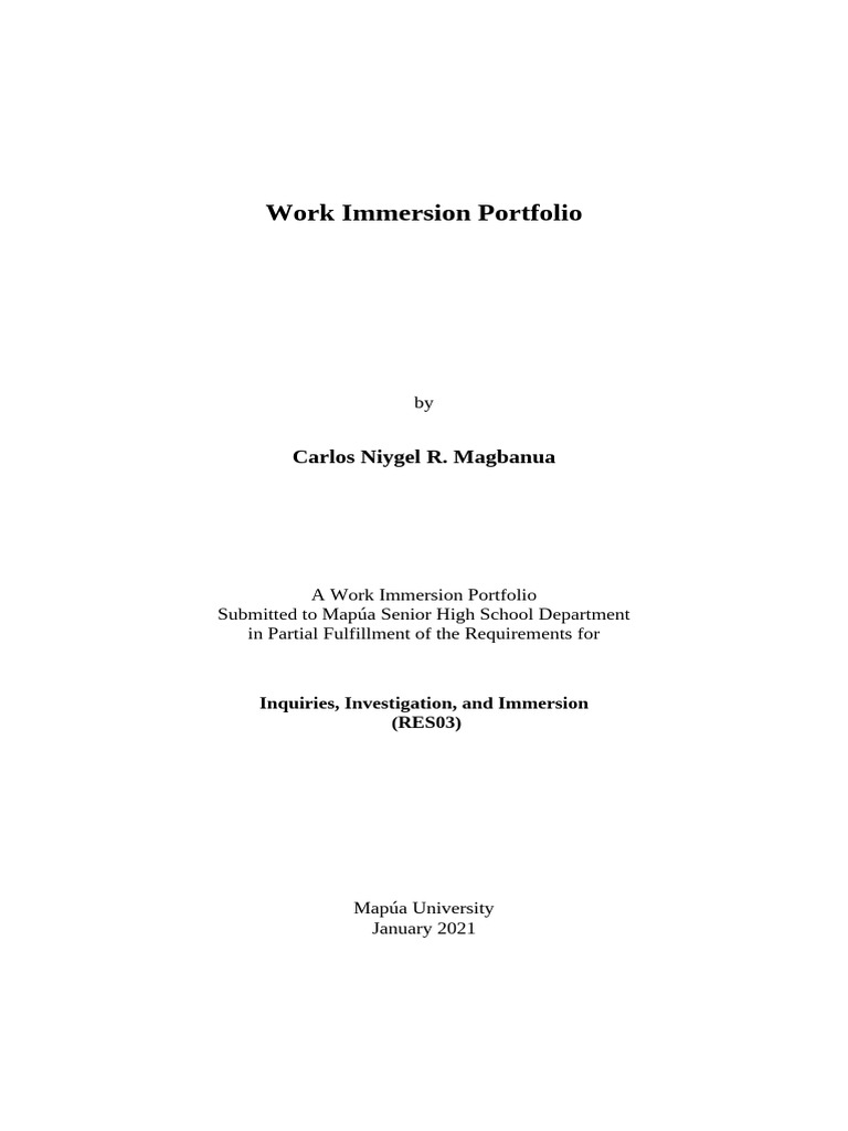 01 Work Immersion Portfolio Title Page June 2020 | PDF | Human ...