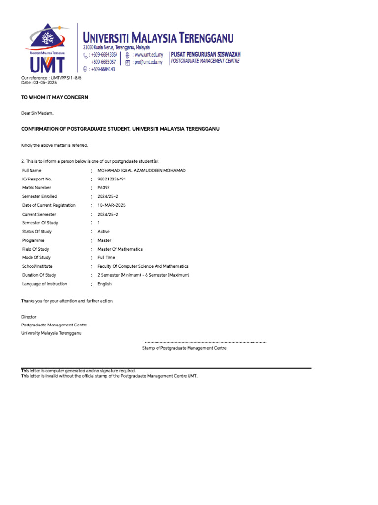 Confirmation Umt | PDF