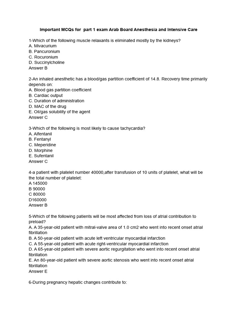 MCQs for Arab Board Anesthesia Exam | PDF | Anesthesia | Breathing