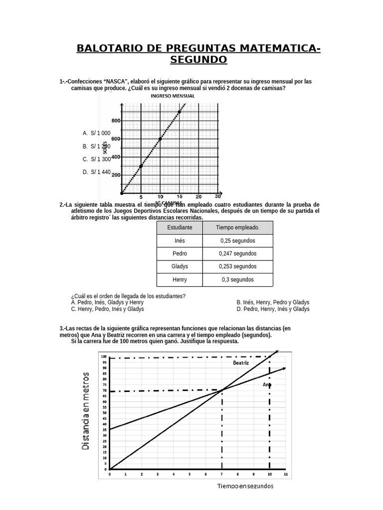 Preguntas de Matemáticas para Segundo Grado | PDF