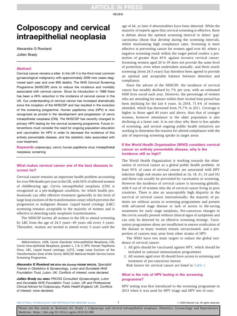 Colposcopy and Cervical Intraepithelial Neoplasia | PDF | Cervical ...