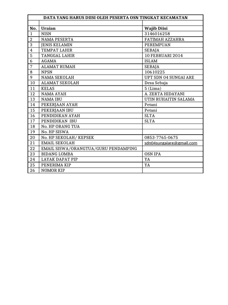 DATA YANG HARUS DIISI OLEH PESERTA OSN TINGKAT KEC | PDF