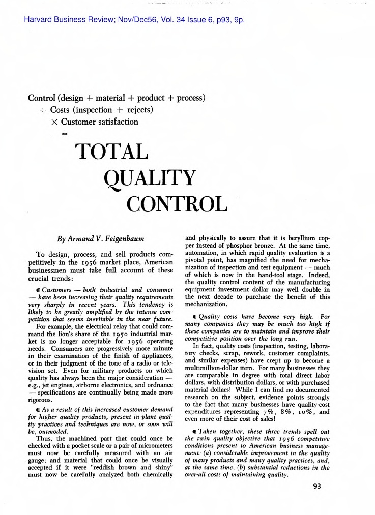 TQC - Total Quality Control (1956, Harvard Business Review, 9p ...