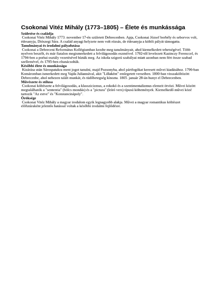Csokonai Vitéz Mihály Élete | PDF