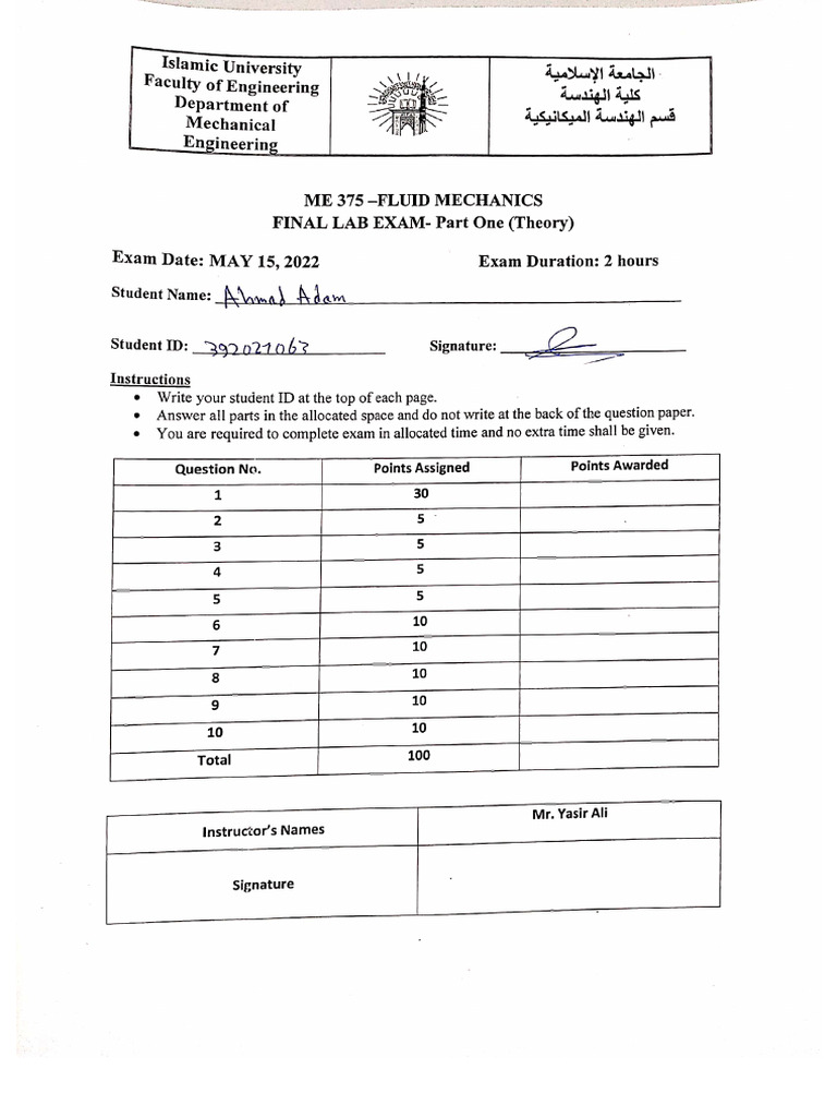 Final Lab Exam Fluid Mechanics | PDF