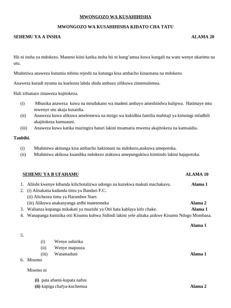 KISWAHILI Form 3 Holiday Assignment Marking Scheme | PDF