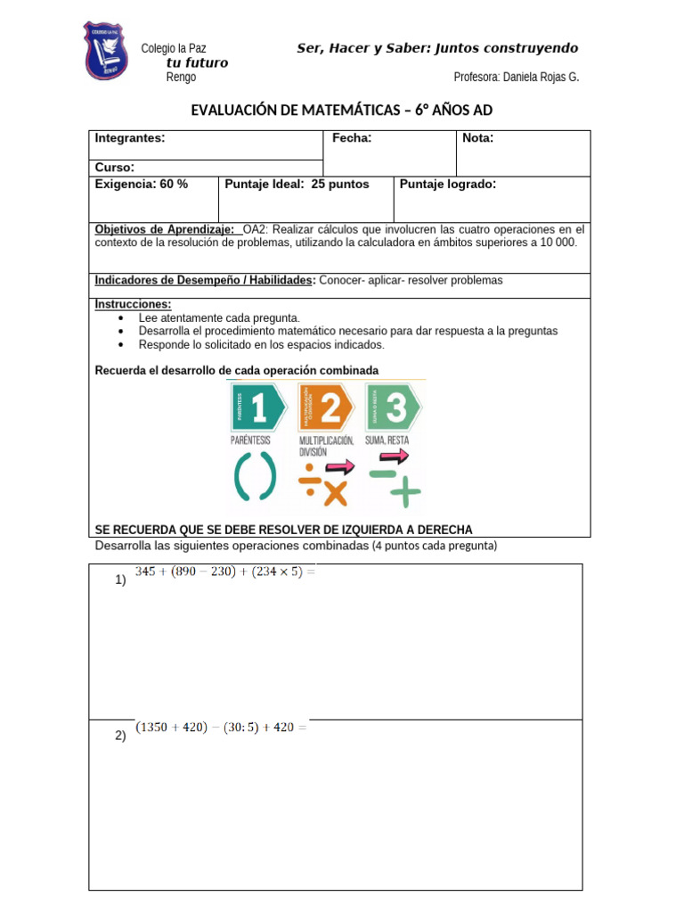 EVALUACIÓN DE MATEMÁTICAS Operatoria combinada | PDF