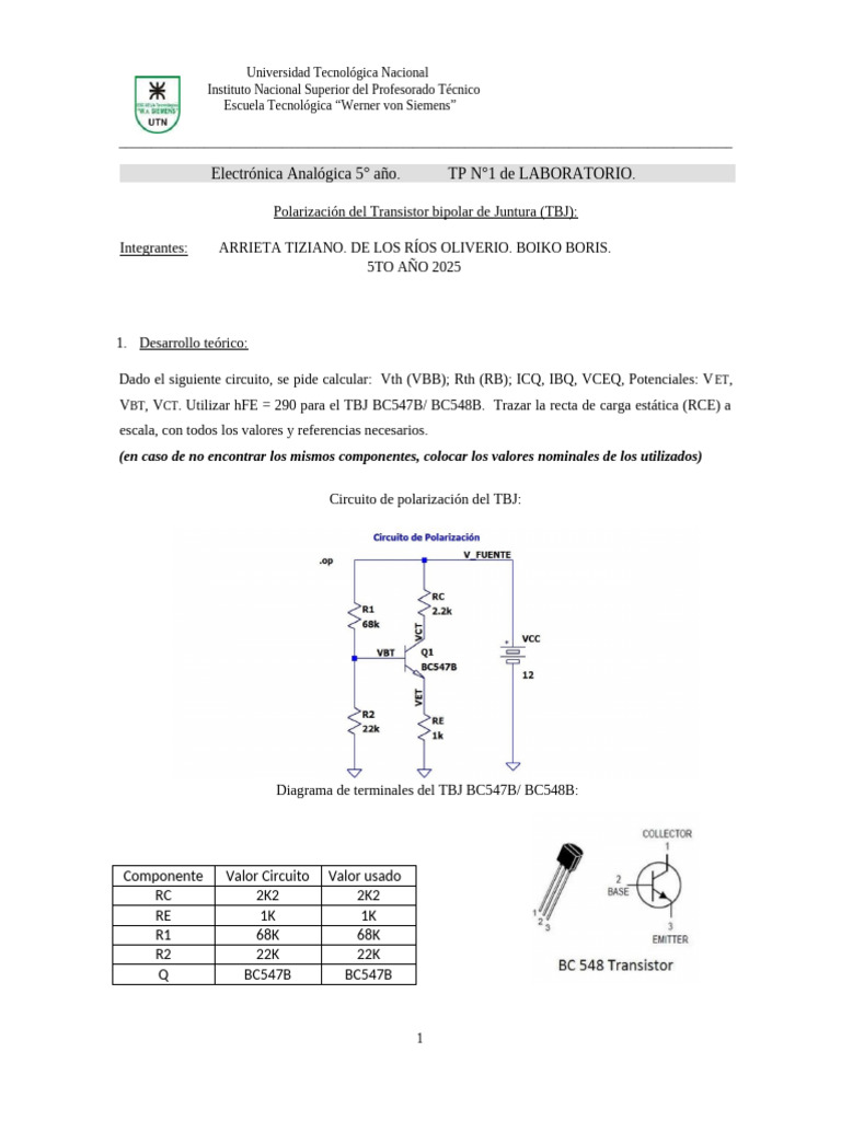 ETU Analógica 5º TP Nº1 LAB Polarización TBJ | PDF | Transistor de unión bipolar | Dispositivos ...