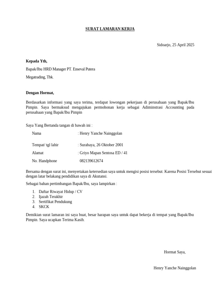 Surat Lamaran Dan CV Henry Yanche.. | PDF