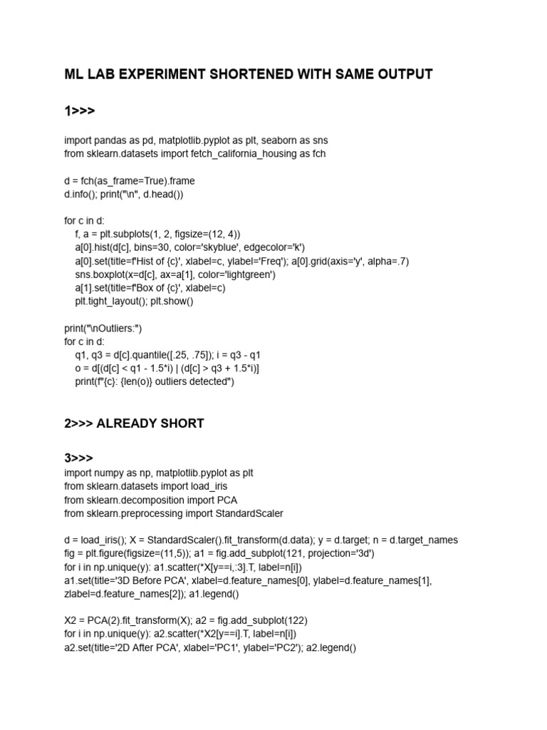 ML Lab Experiment Shortened With Same Output | PDF | Mean Squared Error | Principal Component ...