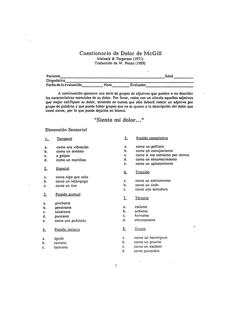 Cuestionario McGill de dolor-MPQ | PDF