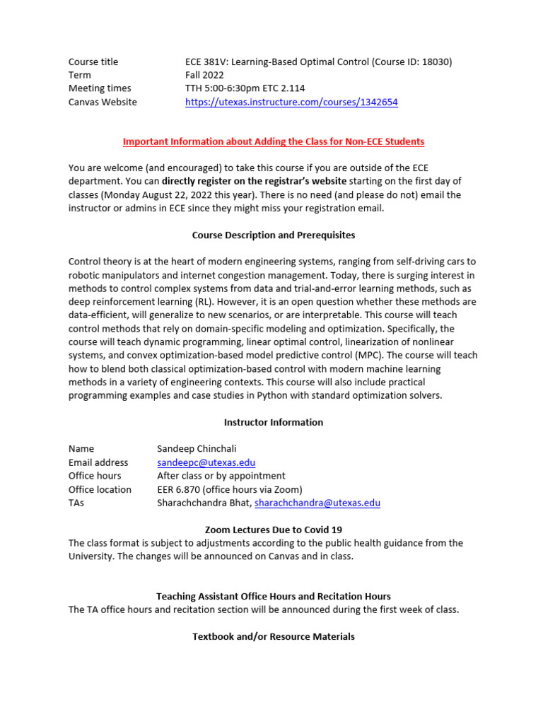 Chinchali EE381V Syllabus | PDF | Disability
