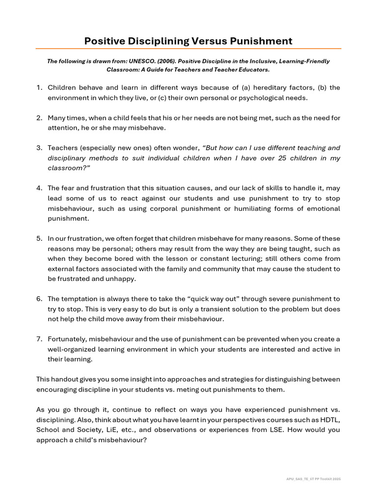 Positive Discipline vs. Punishment Guide | PDF | Teachers ...