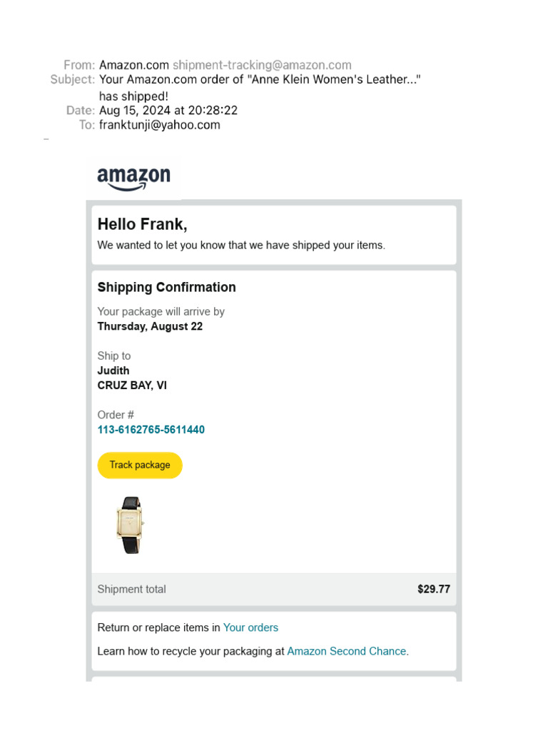 Your Amazon - Com Order of Anne Klein Women's Leather... Has Shipped! | PDF