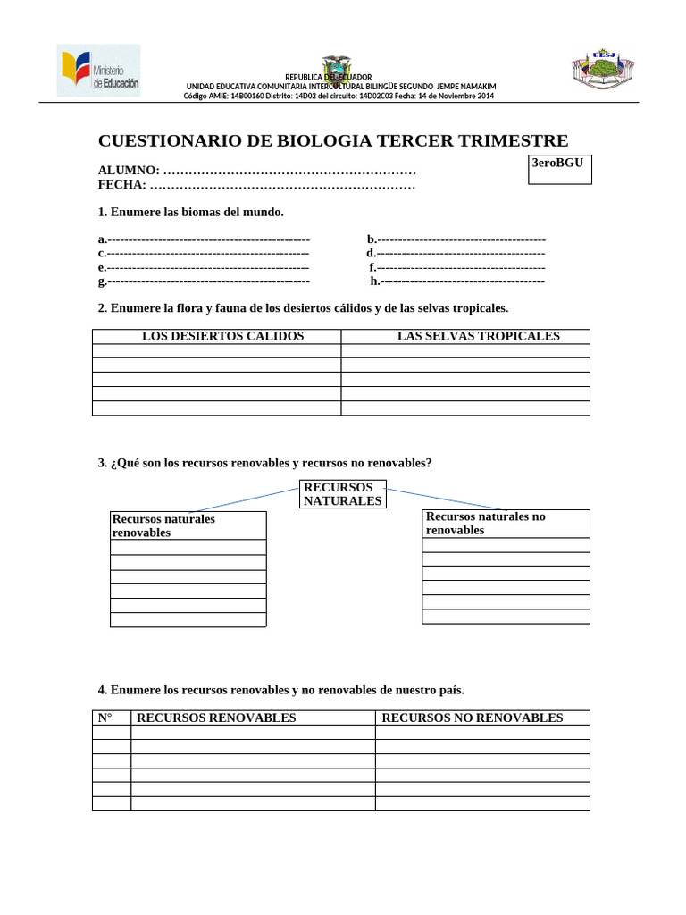 CUESTIONARIO DE BIOLOGIA 3°BGU | PDF | Sistema reproductivo