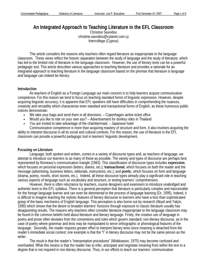 Integrating Literature in EFL Teaching | PDF | English As A Second Or ...