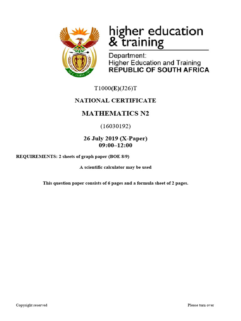 N2 Mathematics August 2019 | PDF | Area | Logarithm