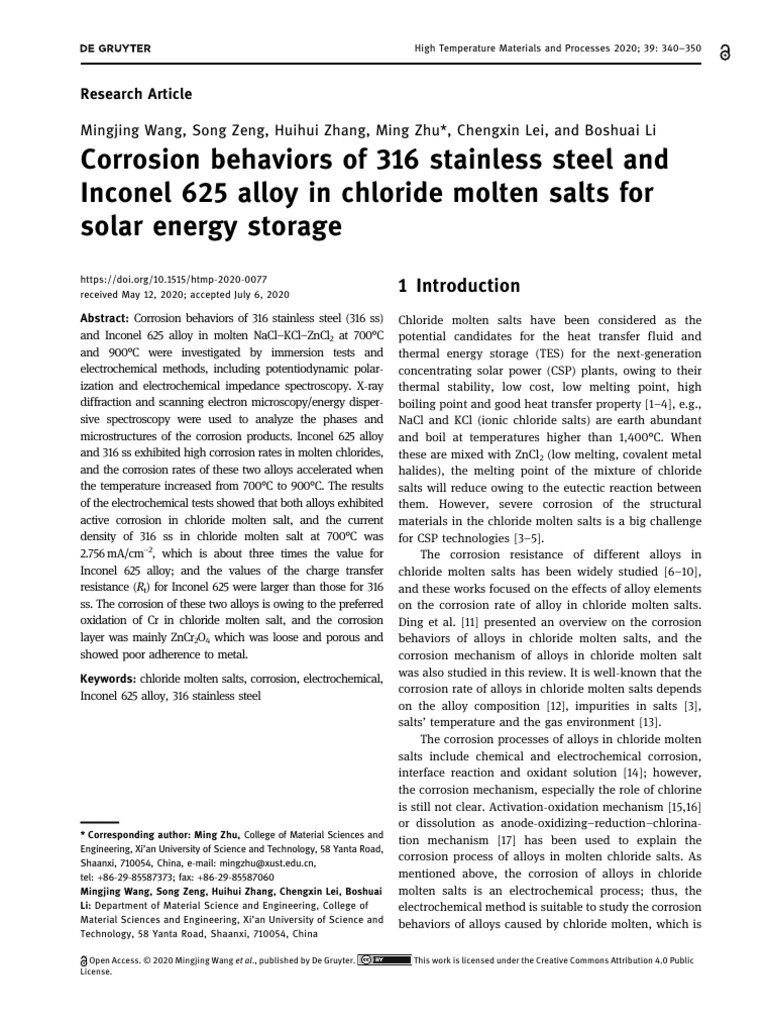 Corrosion of 316 SS & Inconel 625 in Molten Salts | PDF | Stainless ...