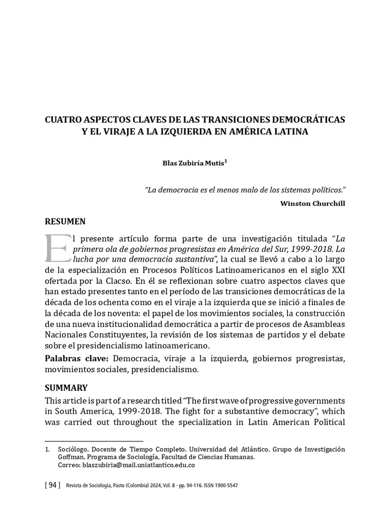 Cuatro Aspectos Claves de Las Transiciones Democráticas y El Viraje A La Izquierda en América ...