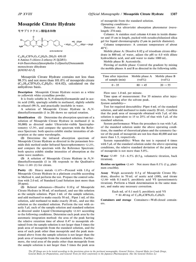 Mosapride Citrate Hydrate Monograph | PDF | Chromatography | Solubility